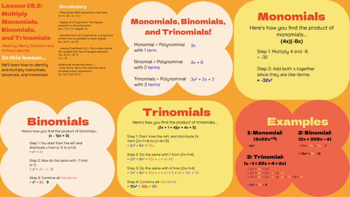 Lesson 15.2: Multiply Monomials, Binomials, and Trinomials by Mercy ...