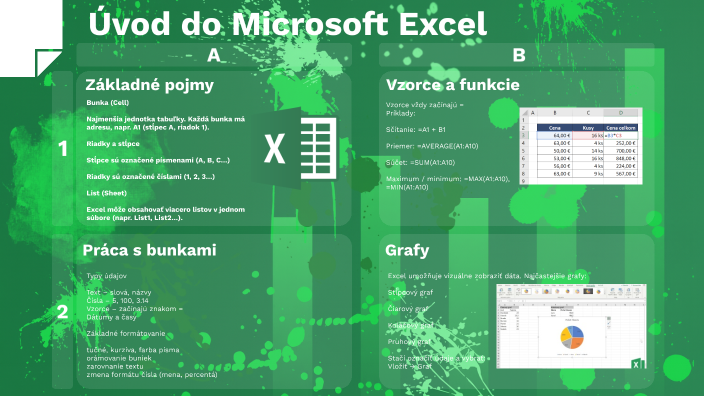 Bunka (Cell) Najmenšia jednotka tabuľky. Každá bunka má adresu, napr ...