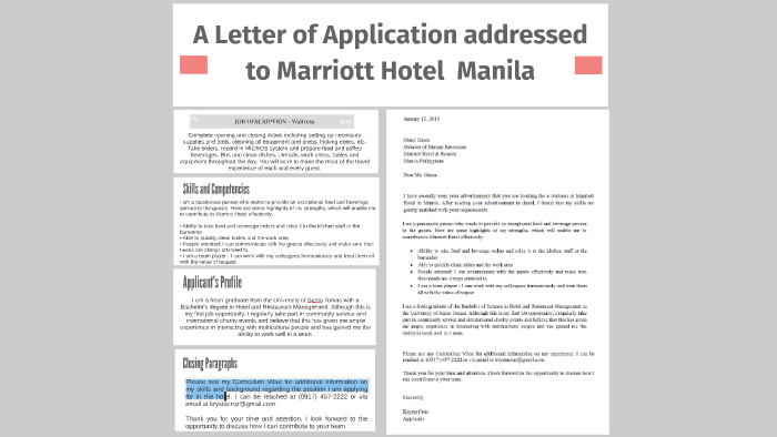 A Letter of Application addressed to Marriott Hotel, Manila by MIA ...